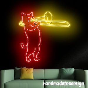 Cat Playing Trombone Neon Sign, Cute Cat Led Sign, Cat Trombone Neon ...