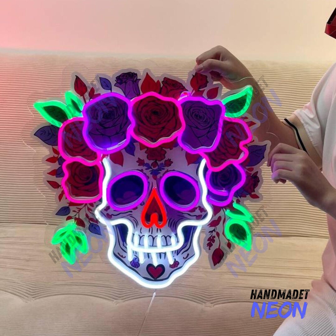 Skull Flower Neon Acrylic Print Sign, Skull Led Sign, Floral Skull Neon ...