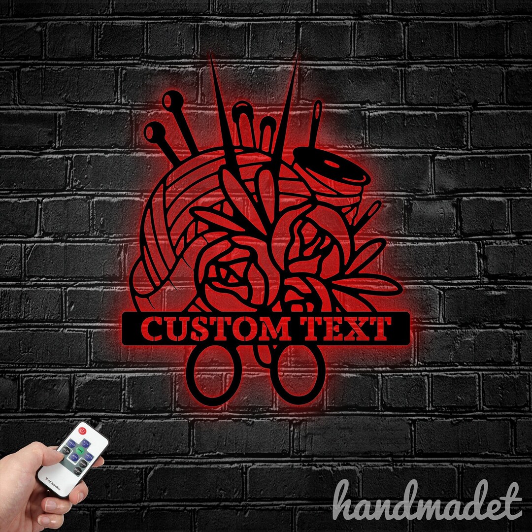 Custom Knitting Metal Wall Art LED Light, Knitting Metal Sign, Wool ...