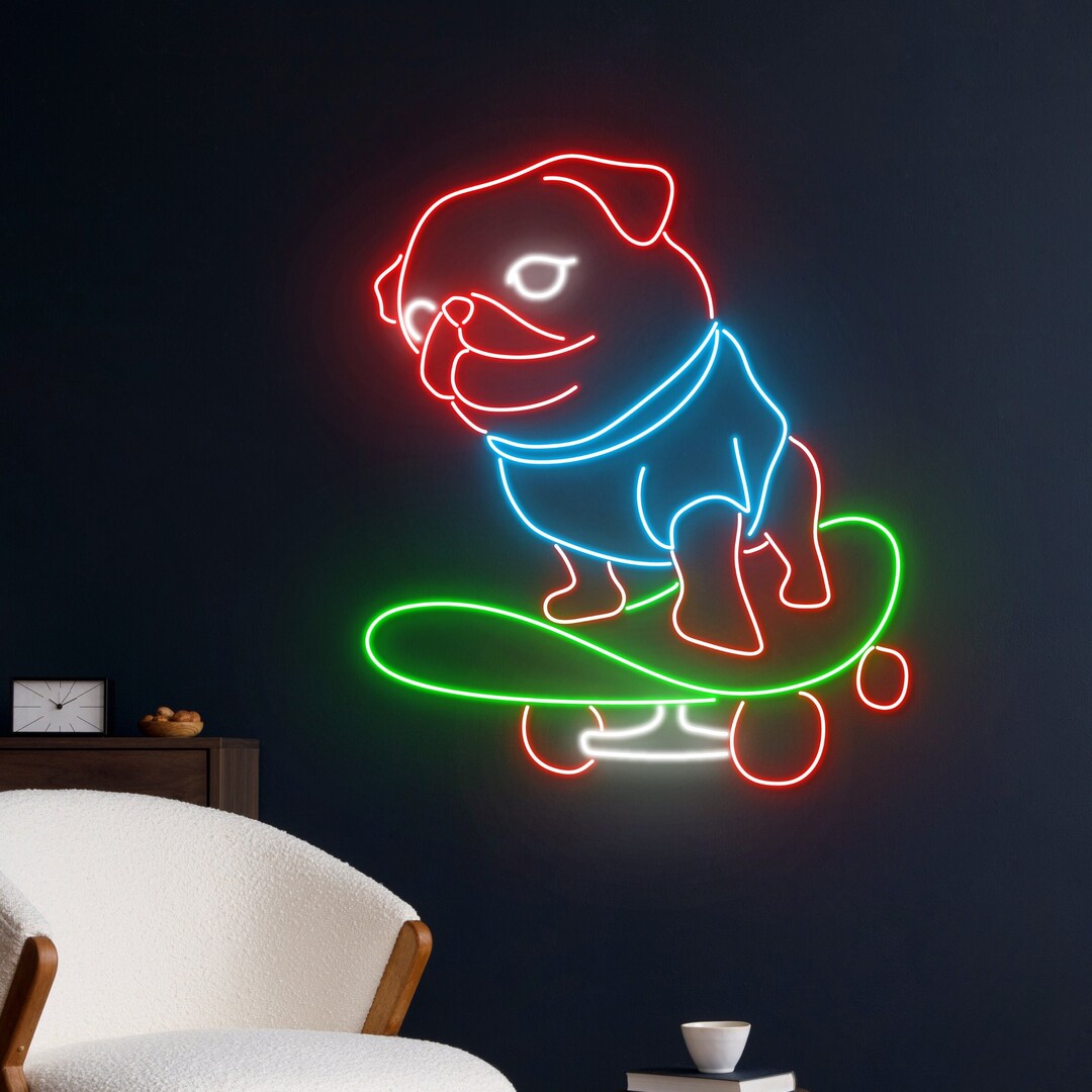 Pug Skateboarding Neon Sign, Skateboard Pug Led Sign, Pug Dog ...