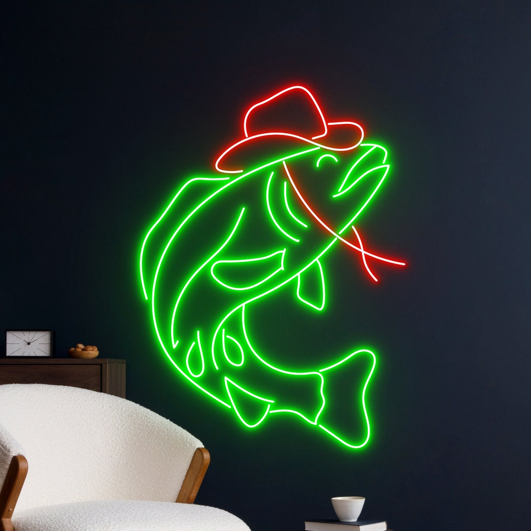 Fish Cowboy Hat Neon Led Sign, Fishing Neon Sign, Fisher Led Light ...