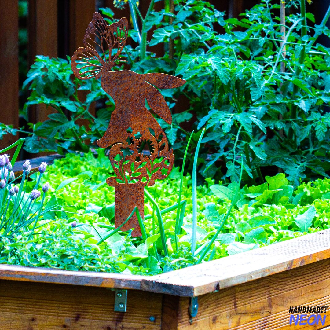 Custom Bunny Rabbit Rusty Metal Stake, Rabbit Butterfly Rusty Stake ...