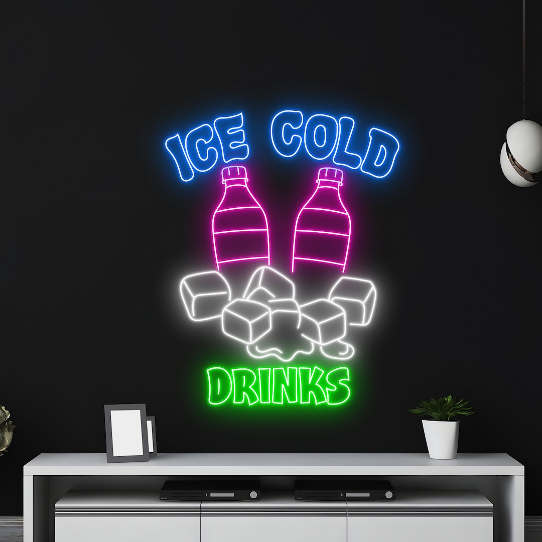 Ice Cold Drinks Neon Sign, Ice Cold Led Light, Water Bottle Led Sign ...