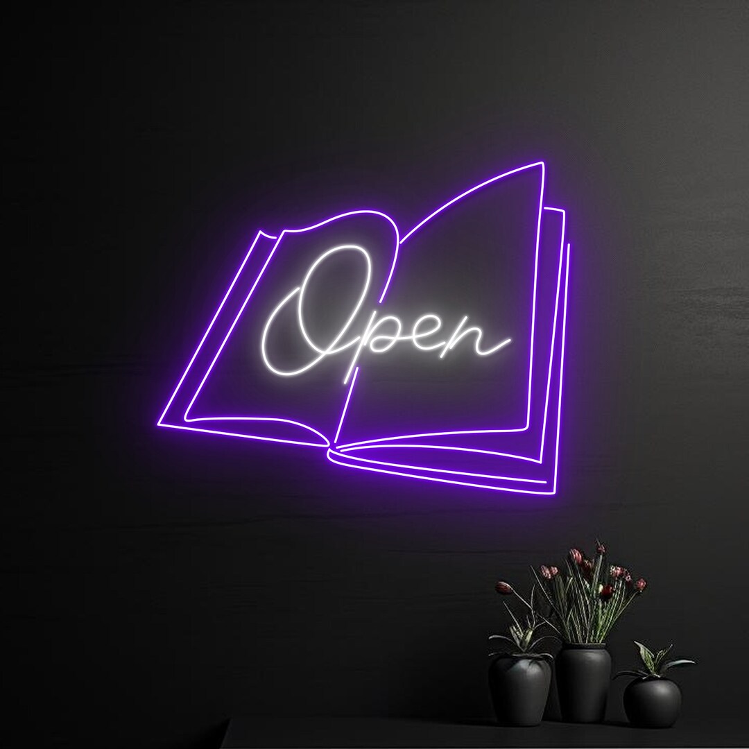 Open Book Neon Sign, Book Open Shop Neon Light, Bookworm LED Light ...