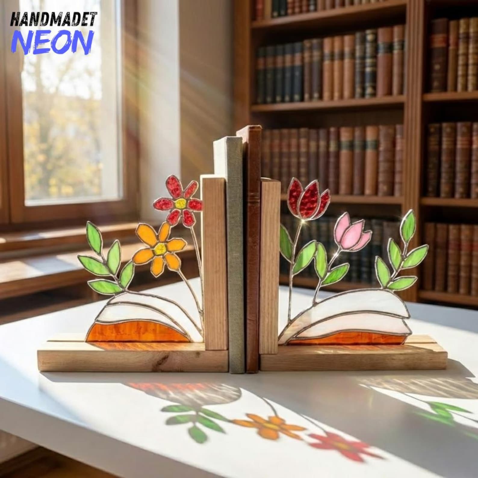 Floral Stained Glass Bookends, Elegant Flower Design Book Holder for ...