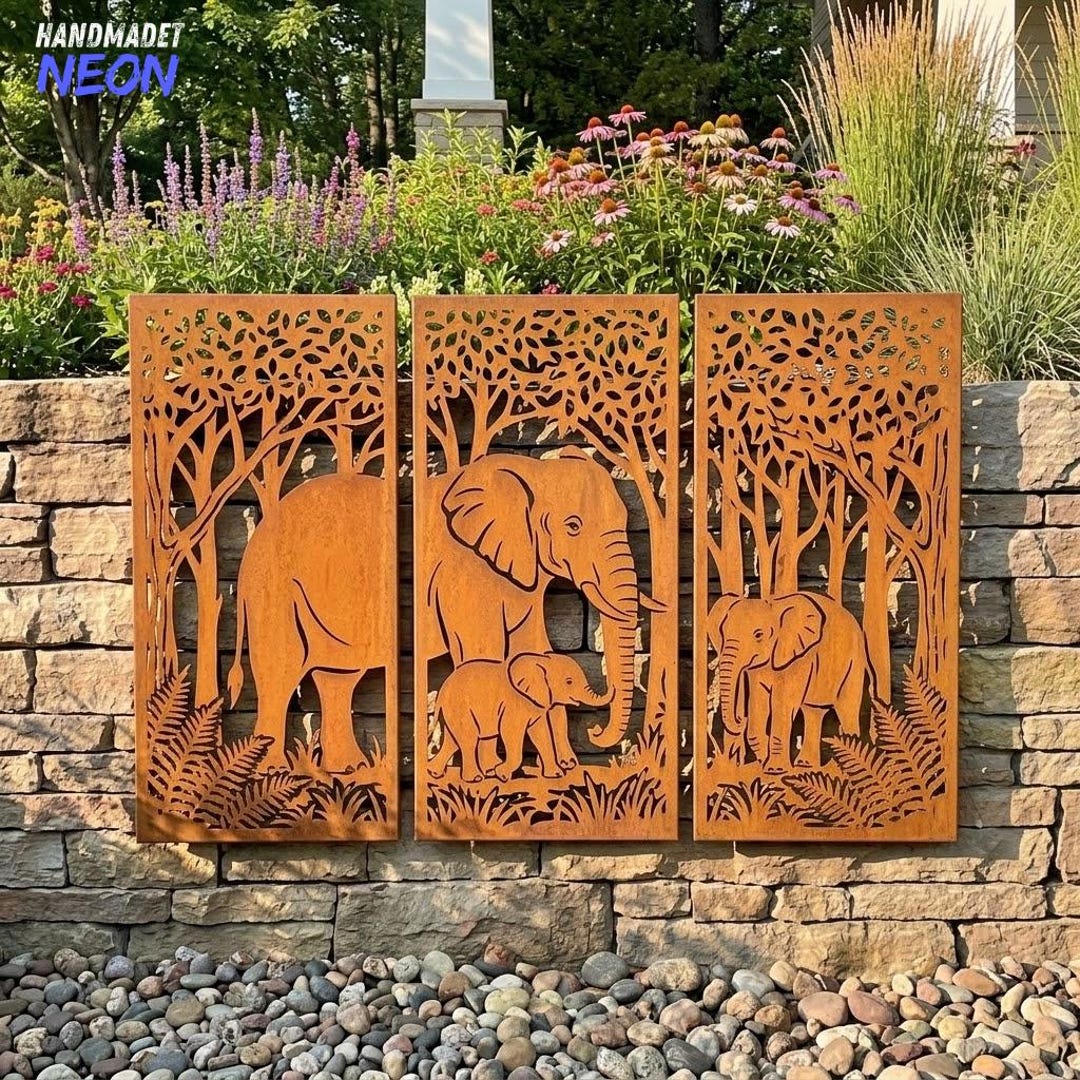 Custom Elephant Metal Garden Wall Panel, Rustic Forest Outdoor Yard ...