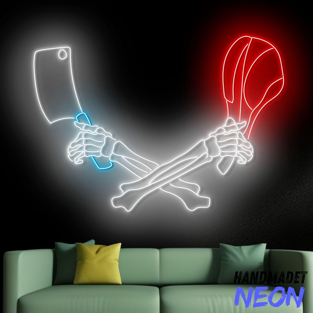 Skeleton Hand Holding Meat Neon Sign, Skeleton Hand Meat Clever Sign ...