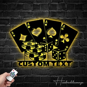 Casino Metal Wall Art LED Light, Playing Cards Metal Sign, Custom Name ...