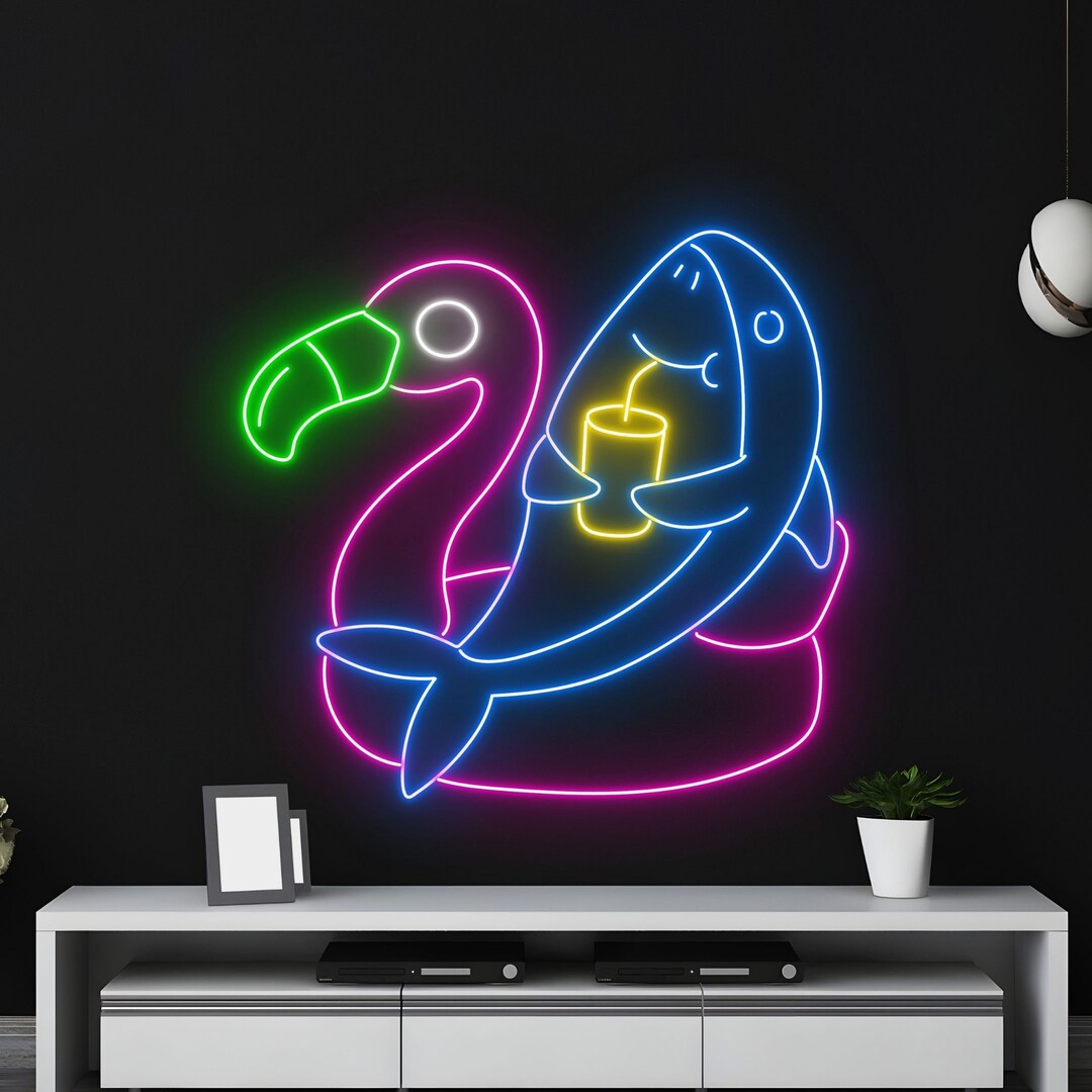 Shark Flamingo Pool Float Neon Sign, Shark Drinking Neon Light ...