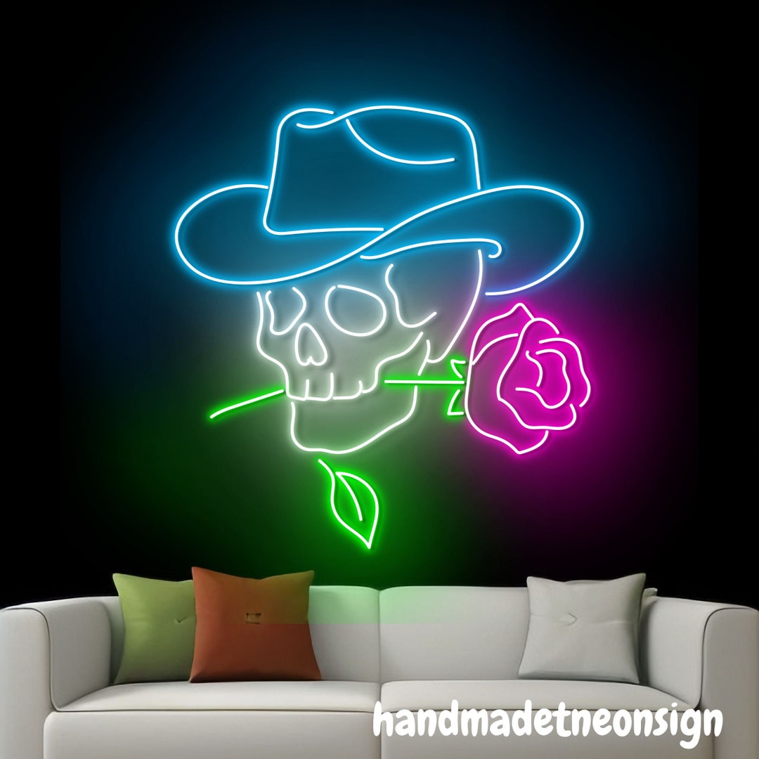 Skull Cowboy With Rose Neon Sign, Skeleton Led Sign, Floral Skull Neon ...