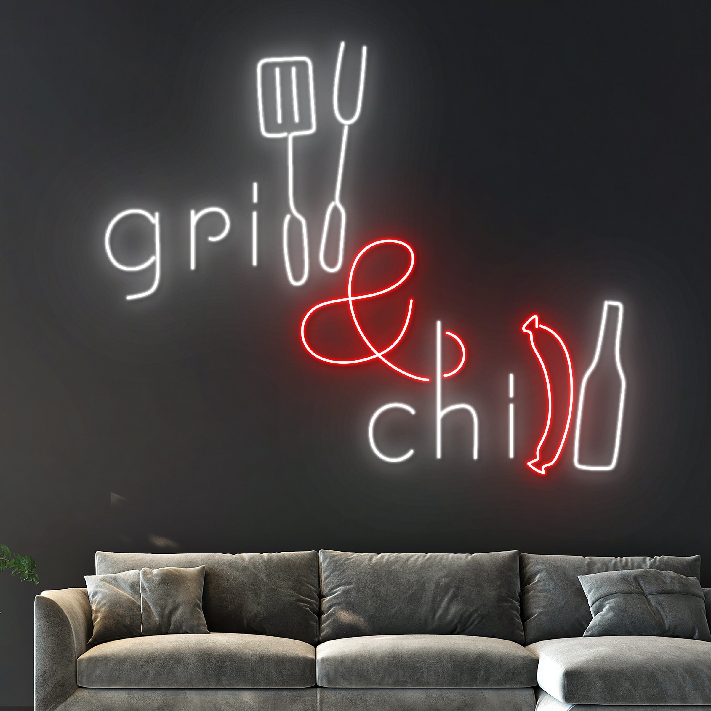 Grill and Chill Neon Sign, BBQ Time Neon Sign, BBQ Party, Restaurant ...