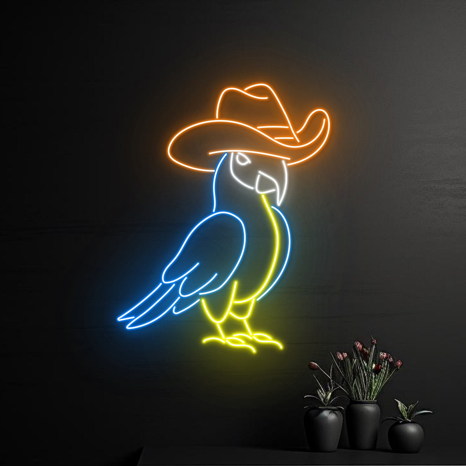 Cowboy Parrot Neon Light, Parrot Cowboy Led Light, Parrot Cowboy Hat ...