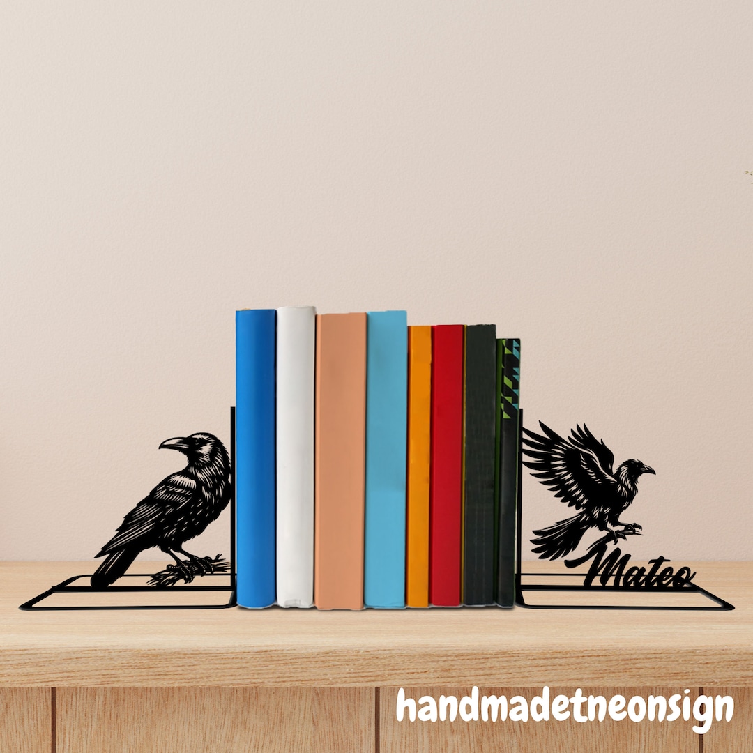 Custom Crows Metal Bookends Raven Name Bookend, Raven Crow Table Sign ...