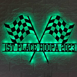 Custom Start Finish Racing Flag Metal Wall Art LED Light Personalized Race Checkered Flag Name ...