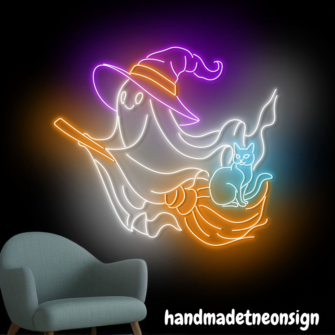 Ghost Witch Neon Sign, Ghost With A Cat Led Sign, Ghost Riding A Broom ...