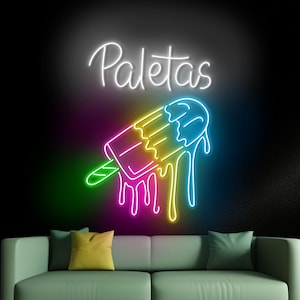 Paletas Neon Wall Sign, Ice Cream Fruit Led Wall Sign, Ice Cream Stick ...