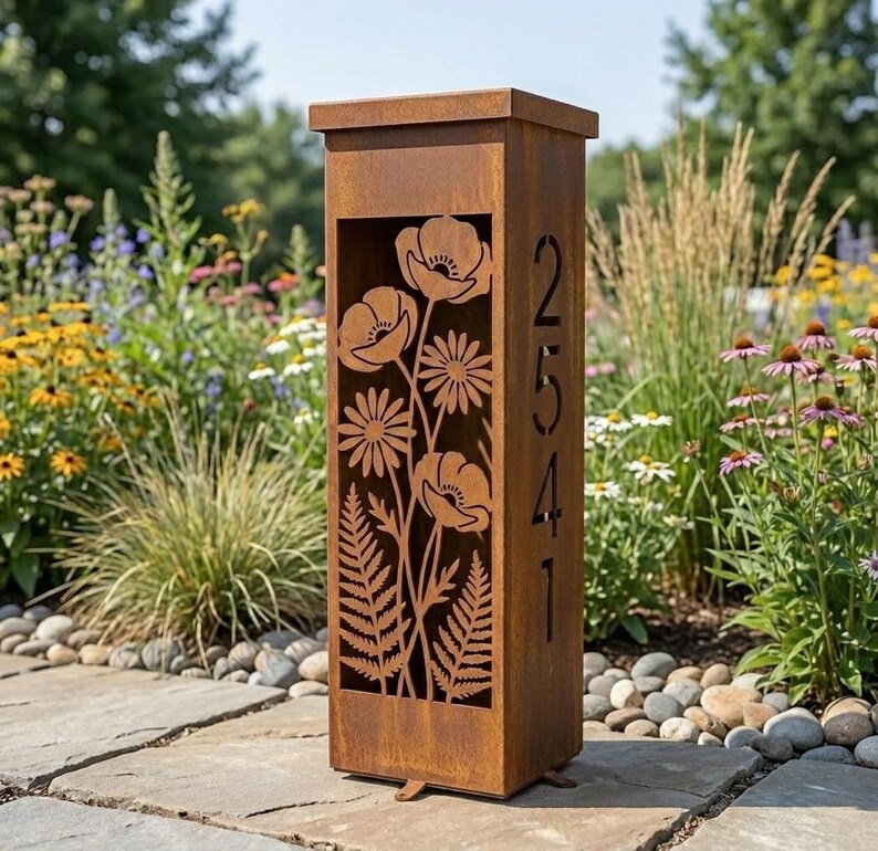 Wildflower Metal Garden Column Address Sign, Custom House Number Light ...