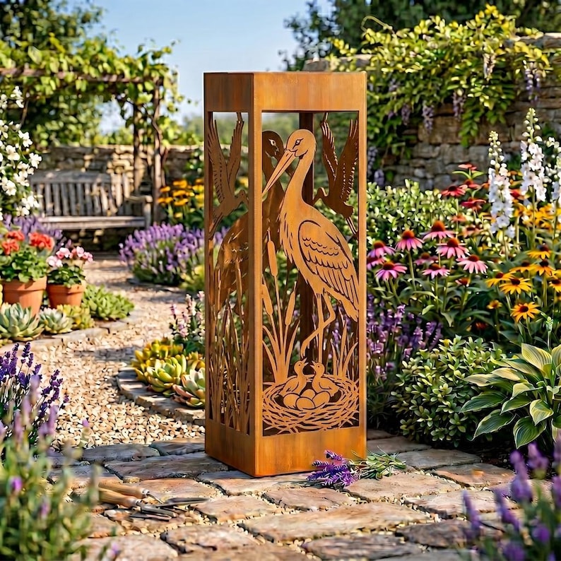Heron Rusty Metal Pillar, Stork Garden Lantern, Bird Yard Art, Coastal ...