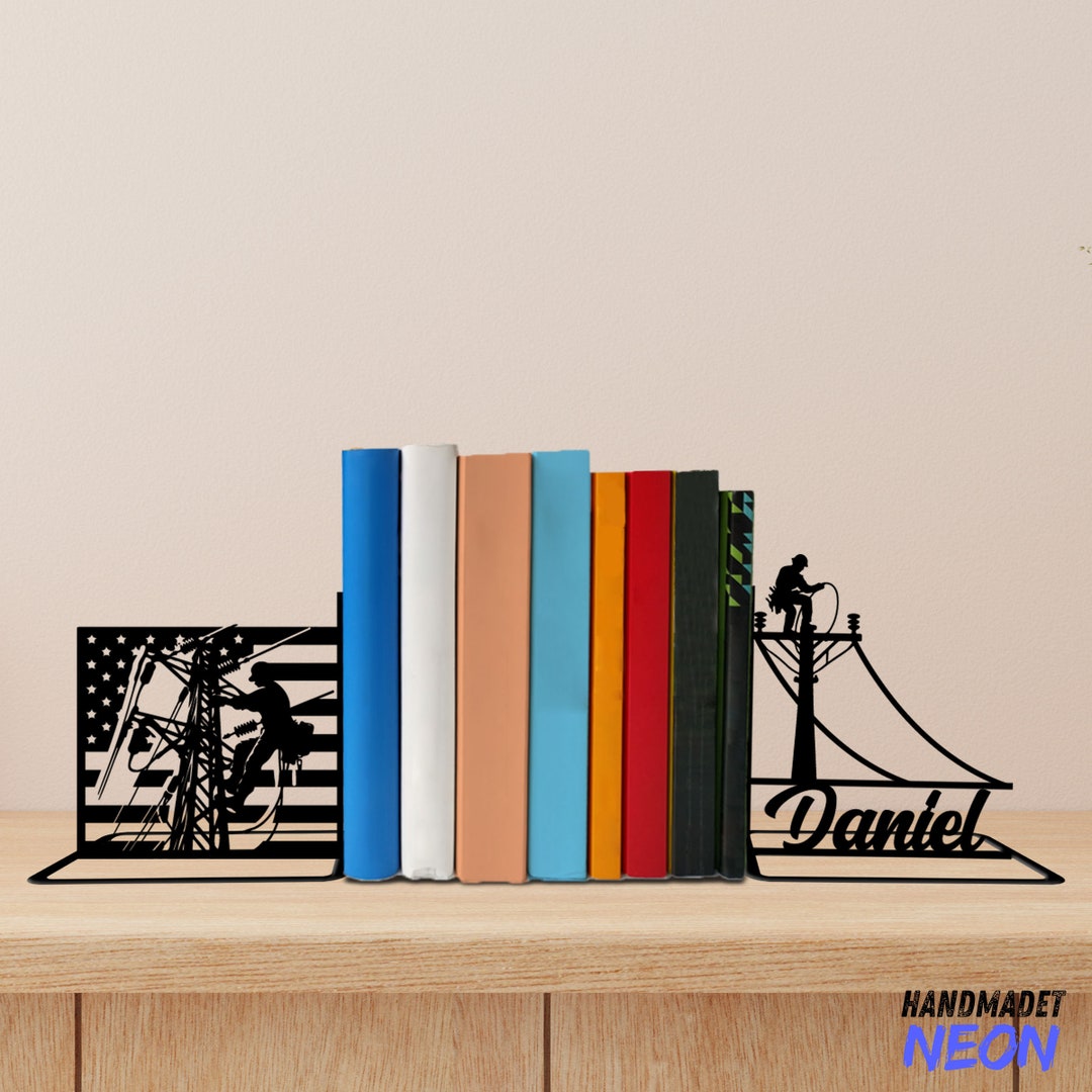 Custom Lineman Metal Bookends, Electrician Name Bookend, US Flag Table ...