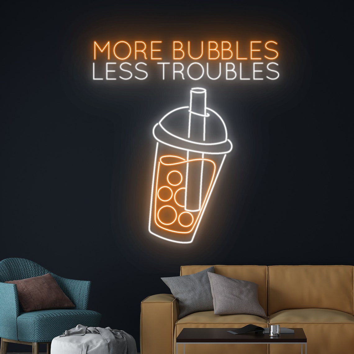 More Bubbles Less Troubles Bubble Tea Neon Sign, Boba Tea Neon Light ...