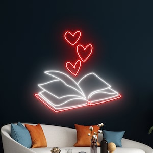 Book Neon Light, Book Hearts Led Sign, Custom Book Neon Sign, Book ...