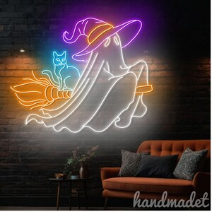 Ghost Witch Neon Sign, Ghost With A Cat Led Sign, Ghost Riding A Broom ...