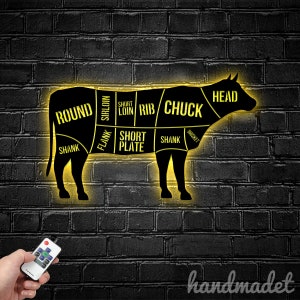 Personalized Cow Beef Cuts Metal Wall Art LED Light, Custom Meat ...