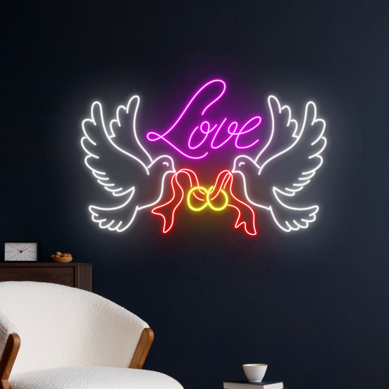 Love Dove Rings Neon Sign, Flying Pigeon Lover LED Light, Couple Bird ...