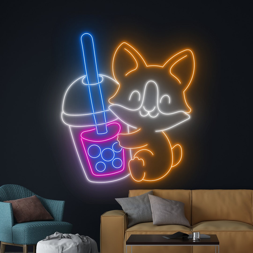 Corgi Drinking Boba Tea Neon Sign, Corgi Boba Tea Neon Light, Milk Tea ...