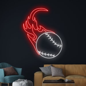Fire Baseball Neon Light, Fire Ball Player Led Sign, Flaming Base Ball ...