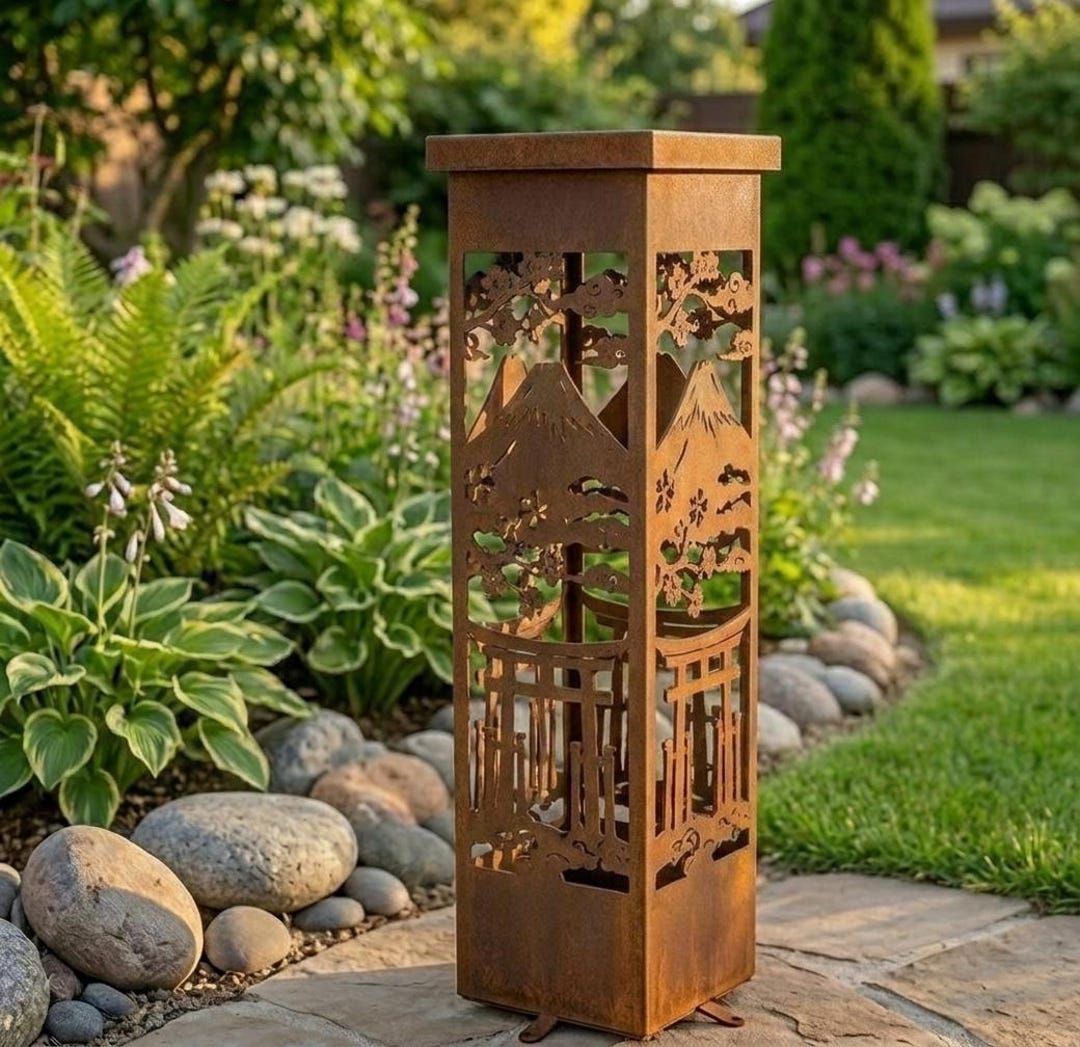 Japanese Metal Garden Column, Torii Gate Outdoor Pillar, Cherry Blossom ...