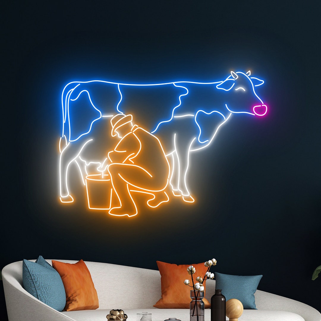 Man Milking Dairy Cow Neon Sign, Dairy Cow Milking Led Sign, Dairy ...