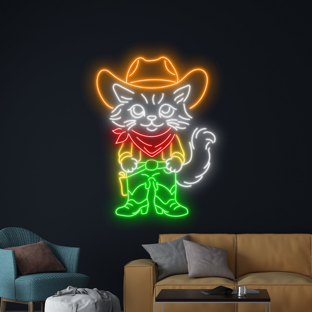 Cowboy Cat Neon Sign, Cowboy Cat Led Sign, Cat in Cowboy Hat Neon Light ...
