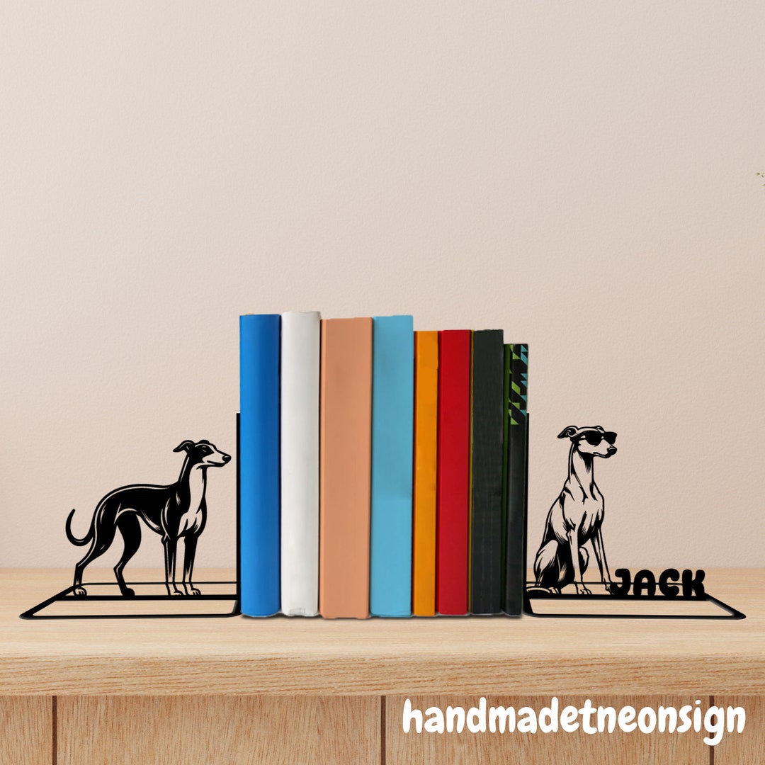 Custom Greyhound Dog Metal Bookends, Dog Name Bookend, Dog Table Sign ...
