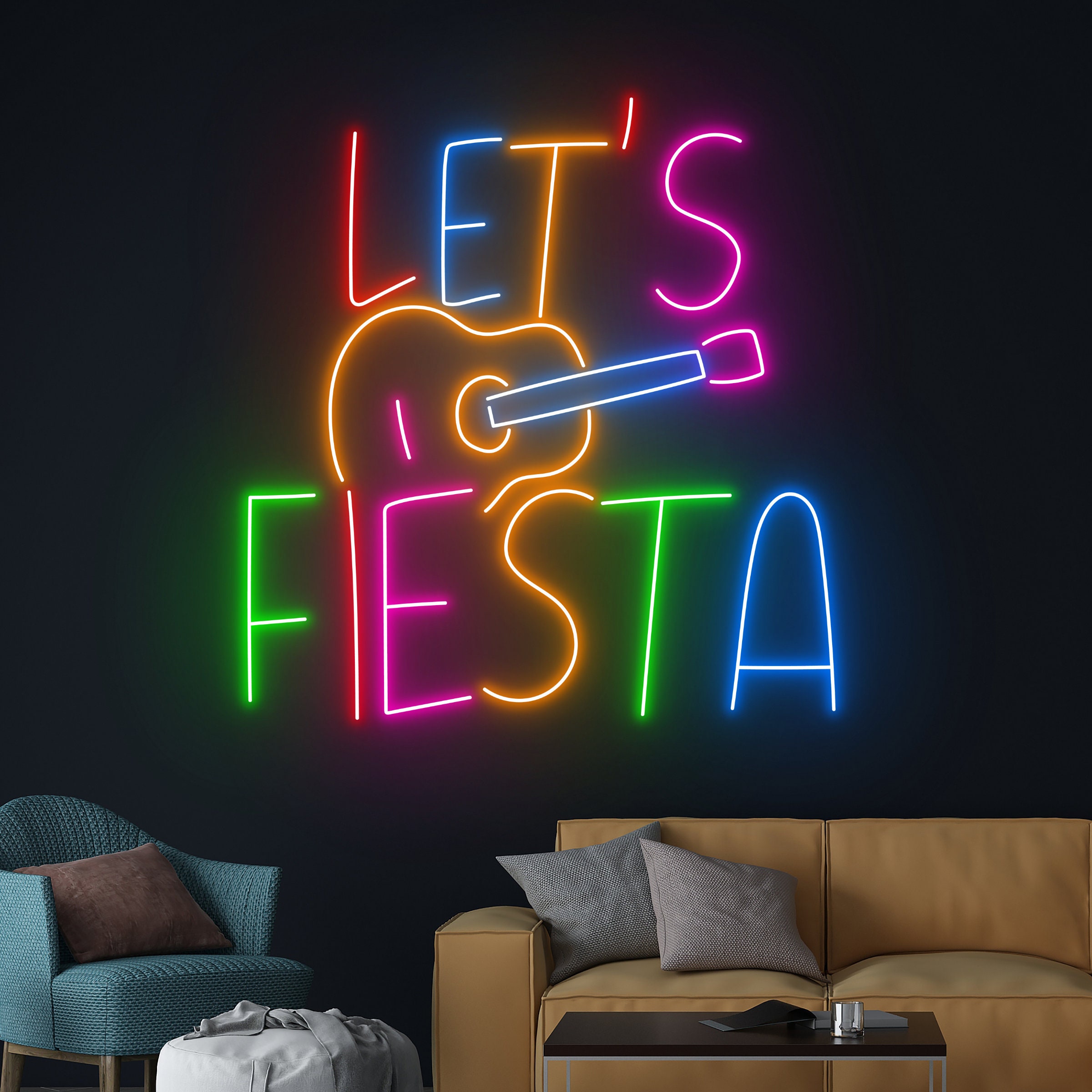 Let's Fiesta Neon Sign, Fiesta Neon Light, Guitar Led Light, Mexican ...