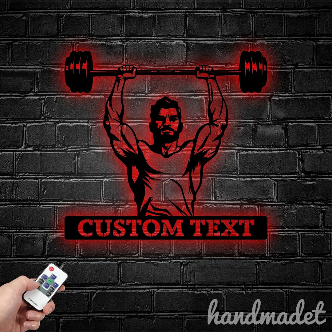 Custom Weightlifter Metal Wall Art LED Light, Weightlifter Metal Sign ...