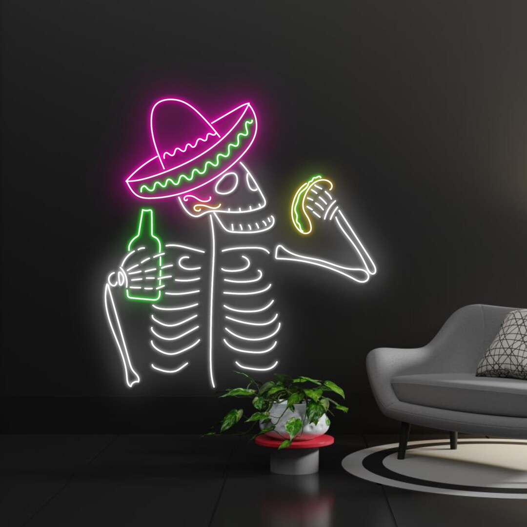 Mexican Skeleton Taco Led Sign, Mexican Skeleton Tacos Neon Sign, Wall ...