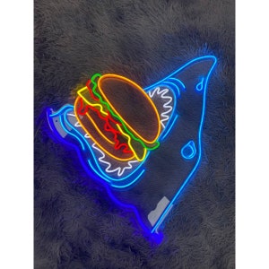 Shark Eating Burger Neon Sign, Burger Shark Neon Light, Burger Shark ...