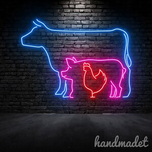 Butcher Shop Neon Sign, Butcher Led Sign, Chicken Pig Cow Neon Light ...
