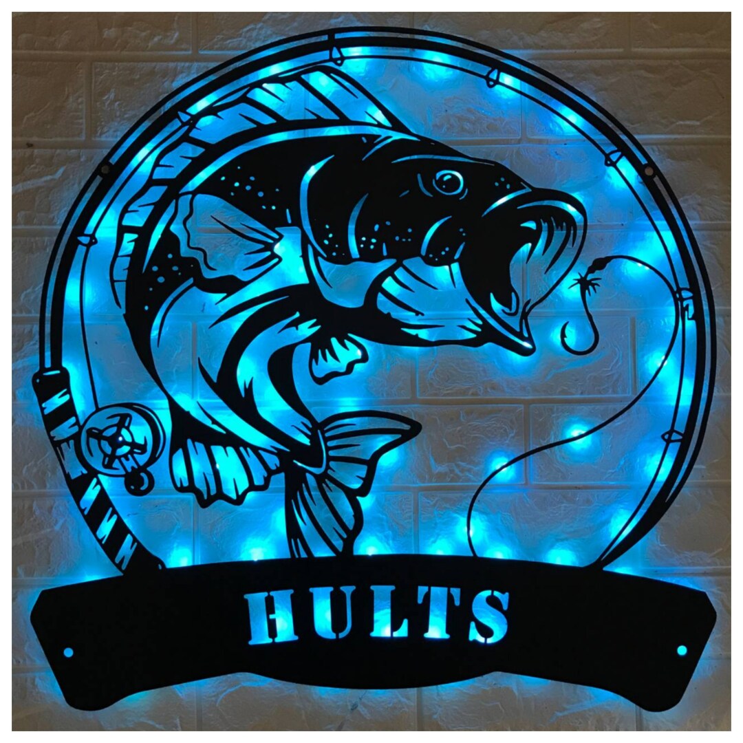 Personalized Fishing Metal Wall Art LED Light - Custom Fishing Name ...