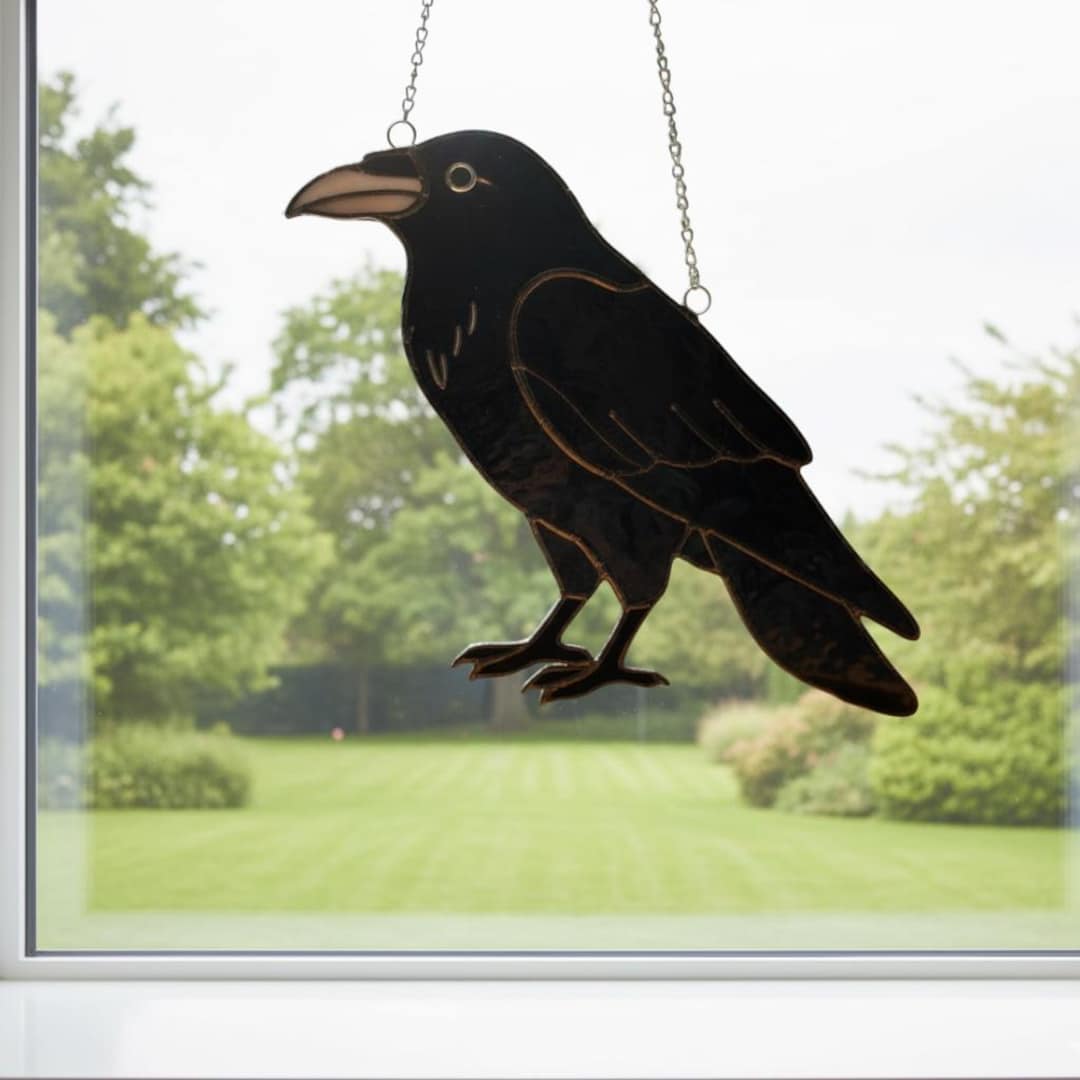 Raven Stained Glass: Crow Bird Window Decor, Gothic Bird Gift, Animal ...