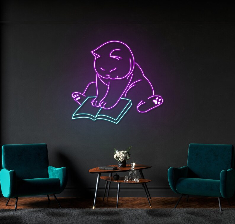 Cat Reading Book Led Sign, Cat Neon Sign, Wall Decor, Cat Read Book ...