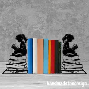 Custom Girl Reading Book Metal Bookends Bookworm Name Bookend, Read ...
