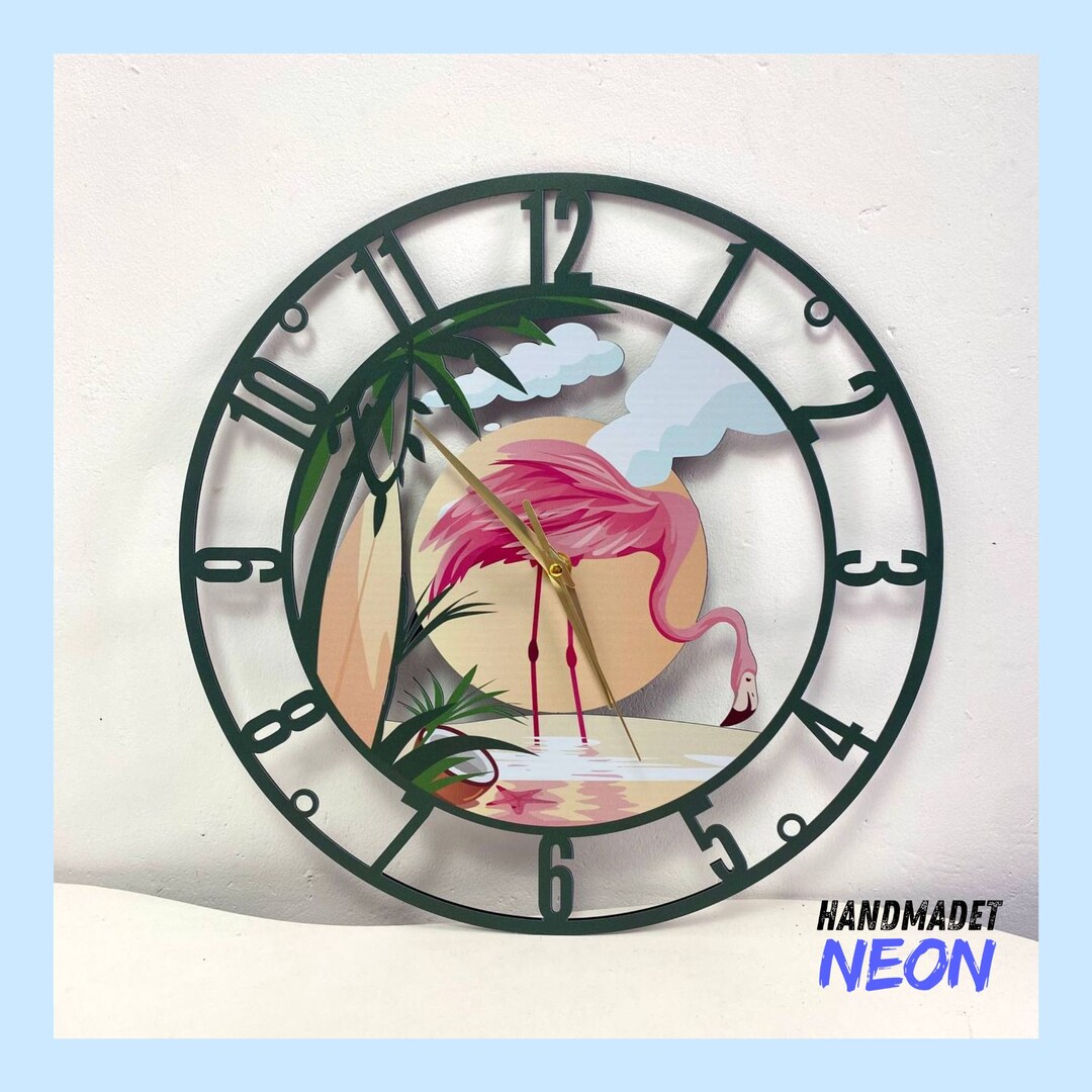 Custom Flamingo Palm Tree Wall Clock Unique, Year Date Round Wall Clock ...