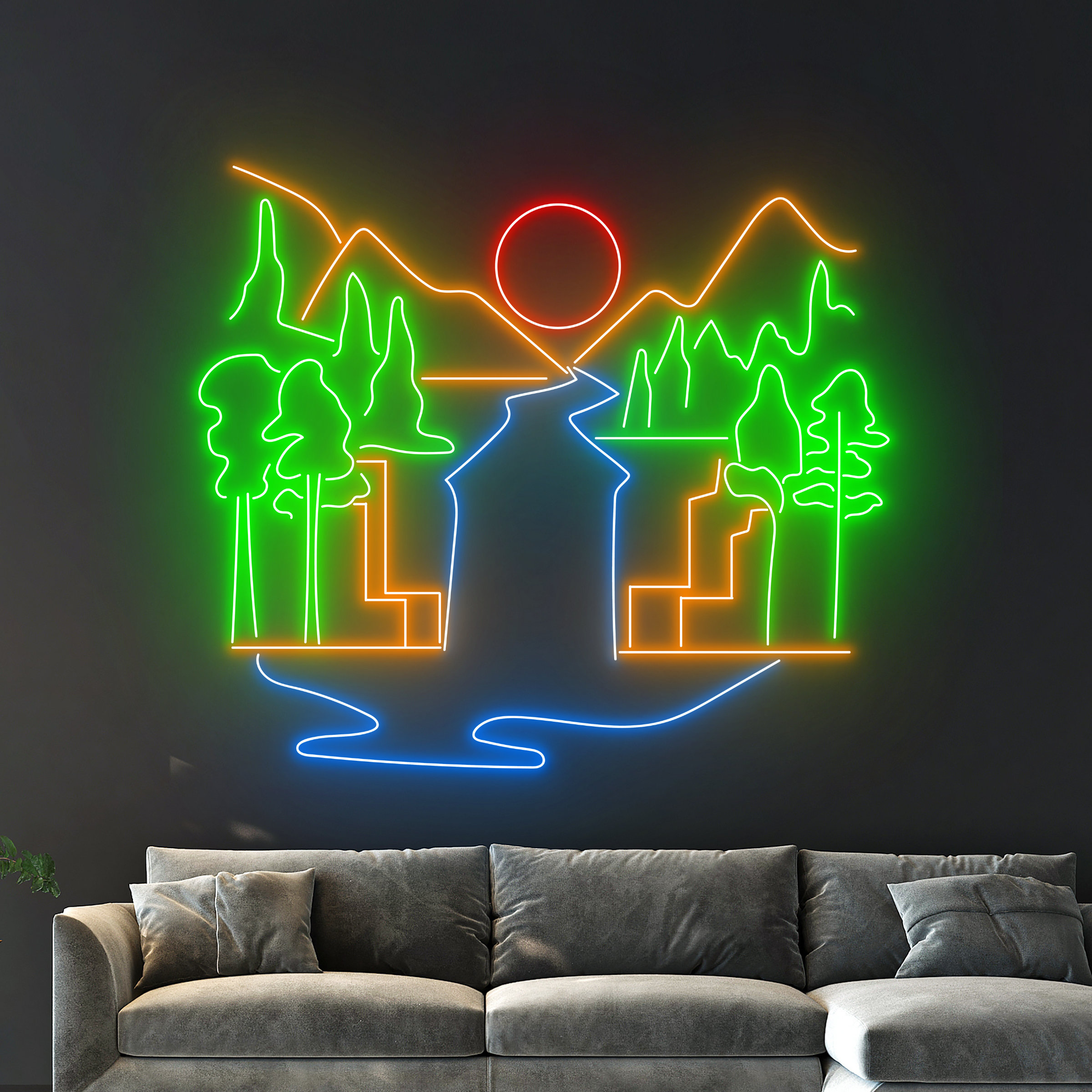 Waterfall Neon Sign, Mountain Forest Led Sign, Tree Led Sign, Waterfall ...