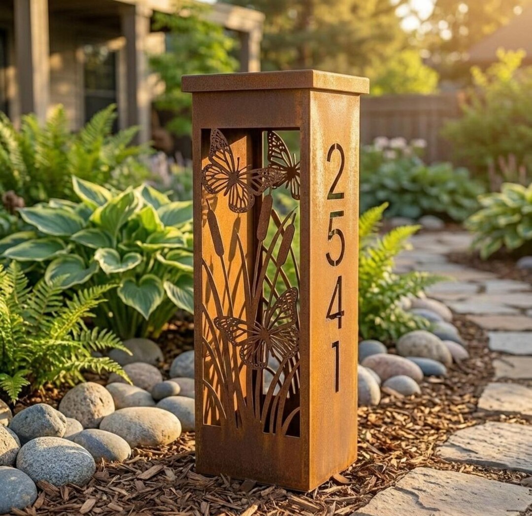 Butterfly Metal Garden Column Address Sign, Cattail Reed House Numbers ...