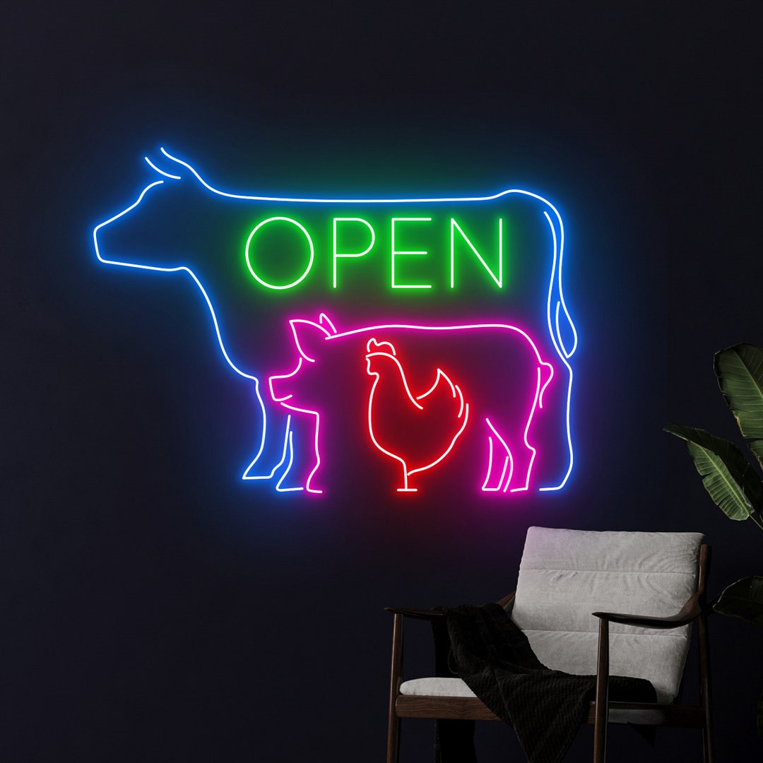 Butcher Shop Open Neon Sign, Cow Pig Chicken LED Light, Market Wall ...