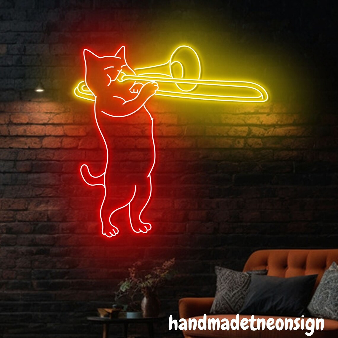 Cat Playing Trombone Neon Sign, Cute Cat Led Sign, Cat Trombone Neon ...