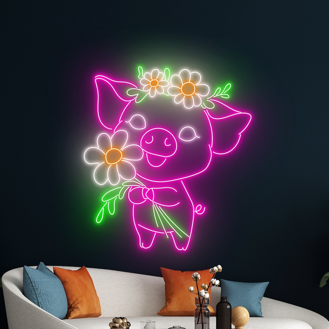 Pig Flower Neon Sign, Pig Flowers Led Sign, Pig Led Light, Cute Pig ...
