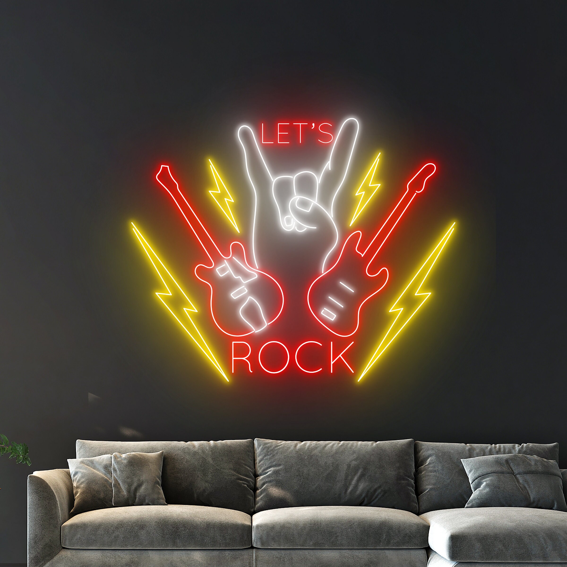 Let's Rock Guitar Led Sign, Rock N Roll Live Music Neon Sign, Guitar ...